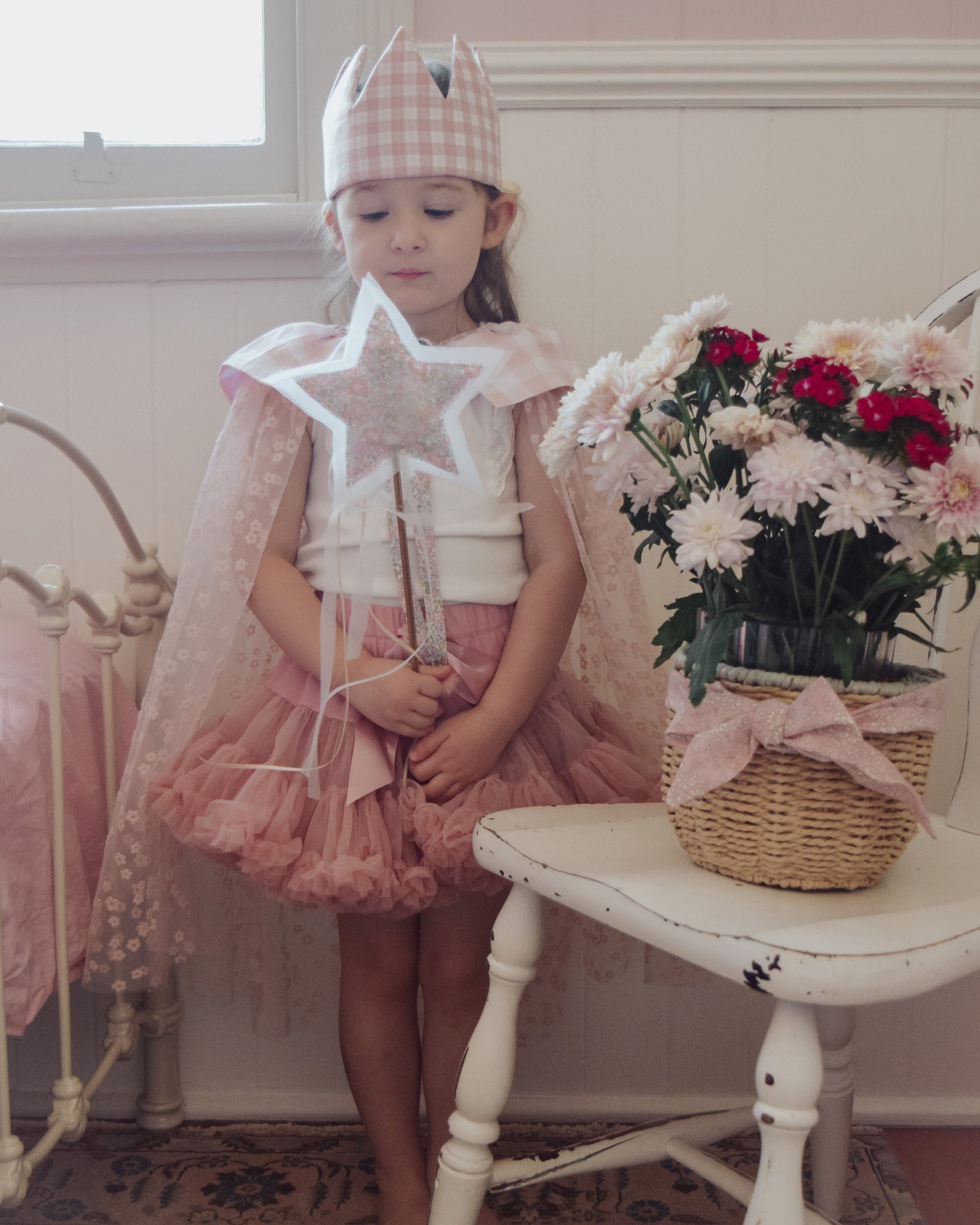 PRE - ORDER Liberty & Gingham Ruffle Cape - Michelle with flower flock – Tulipwood Road